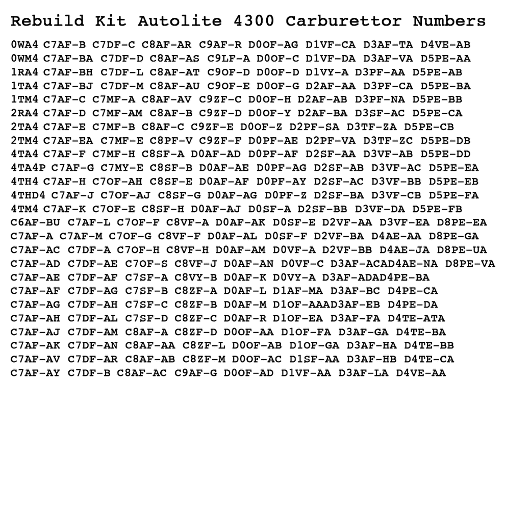 Rebuild Kit Autolite 4300 Carburettor AMC Ford Falcon XR-XA F100, Fair ...